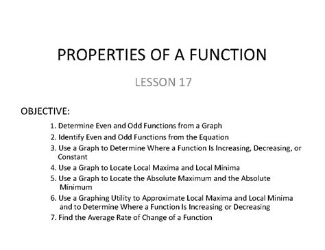 Lesson 17 Properties Of A Function Properties Of A Function Lesson