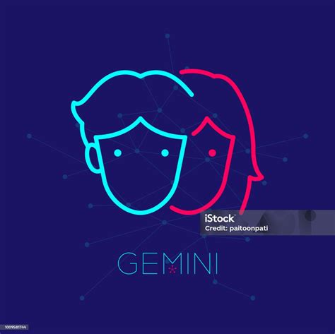 제미니 조디악 별자리 로고 아이콘 개요 스트로크 설정 어두운 파란색 배경에 쌍둥이 텍스트와 복사 공간에 격리는 대시 선 디자인 일러스트 레이 션 일러스트레이션에 대한 스톡