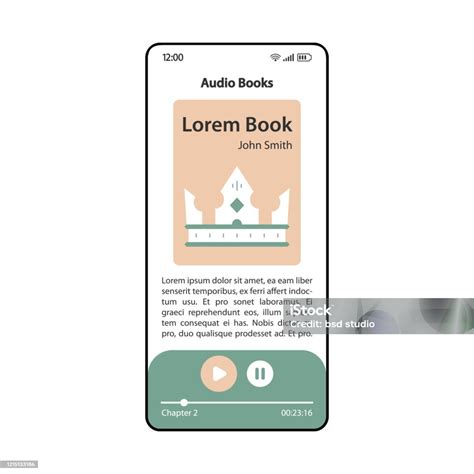 오디오 북 앱 스마트 폰 인터페이스 벡터 템플릿 모바일 응용 프로그램 페이지 현대 디자인 레이아웃입니다 오디오 북 플레이어 화면입니다 전자 책 리더 평면 Ui 책을 듣고