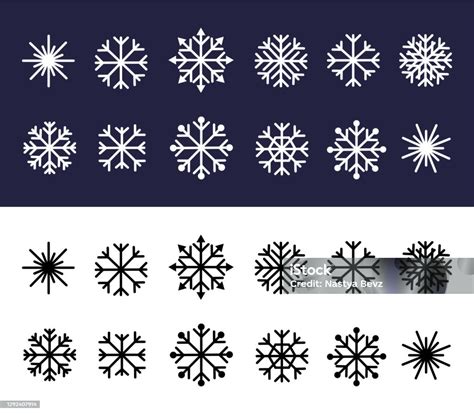 파란색과 흰색 배경에 설정 된 흑백 눈송이 세트 벡터 플랫 일러스트레이션 12월에 대한 스톡 벡터 아트 및 기타 이미지 12월 1월 개체 그룹 Istock