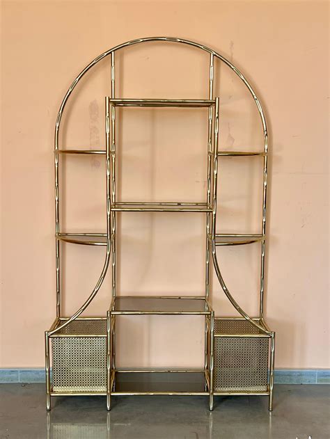 1970s Brass Faux Bamboo Glass Display Unit Hollywood Regency 1980s For