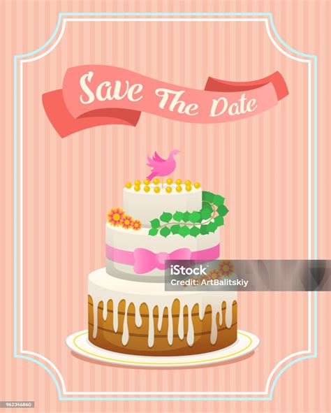 웨딩 케이크 카드입니다 발렌타인 하루입니다 신혼 부부 벡터 일러스트 레이 션 신부 및 신랑에 대 한 개념을 사랑 해요 그냥 결혼 여름 풍경입니다 빈티지 포스터 배너입니다