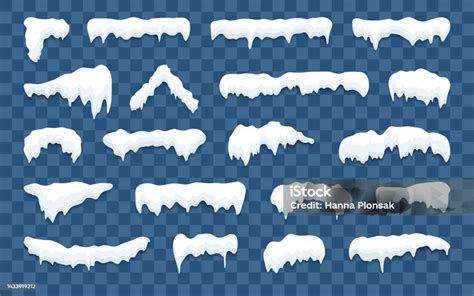 스노우 캡 세트 하얀 눈 모자 눈덩이 눈의 표류 눈 더미 및 Icicles 겨울 배경에 눈 덮인 요소 겨울 요소 장식 크리스마스 요소 벡터 일러스트레이션 3차원 형태에 대한