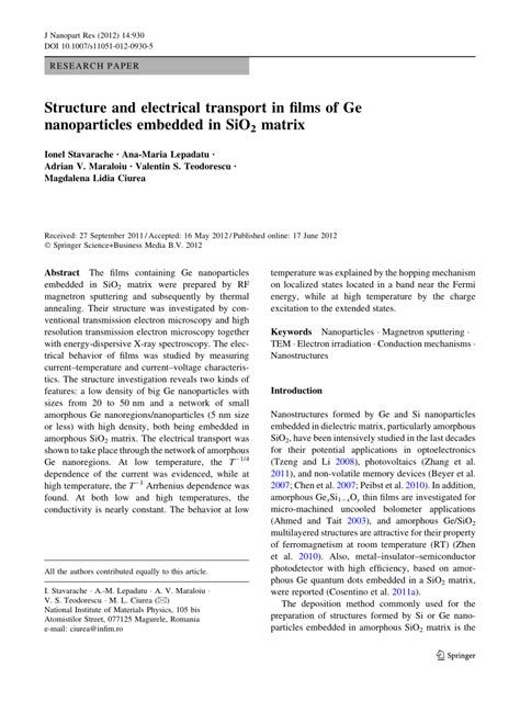 Pdf Structure And Electrical Transport In Films Of Ge Nanoparticles Embedded In Sio2 Matrix