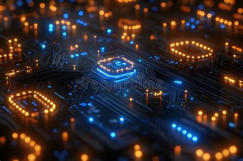 Futuristic Circuit Board With Glowing Microchip For Tech Design Generative Ai Stock Illustration