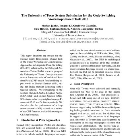 The University Of Texas System Submission For The Code Switching Workshop Shared Task 2018 Acl