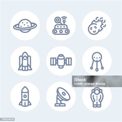 흰색 혜성 우주 비행사 위성 우주 탐사선 셔틀 로켓 소행성 벨트 전파 망원경을 통해 설정 우주 라인 아이콘 개념에 대한 스톡 벡터 아트 및 기타 이미지 Istock
