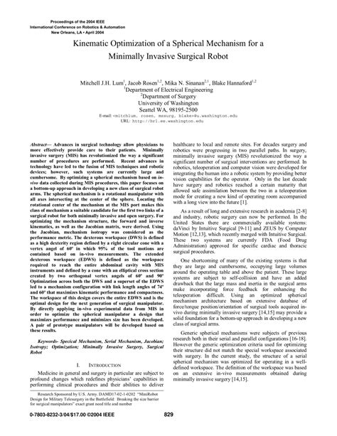 PDF Kinematic Optimization Of A Spherical Mechanism For A Minimally Invasive Surgical Robot