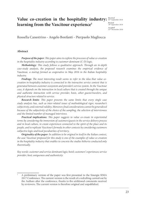 pdf value co creation in the hospitality industry learning
