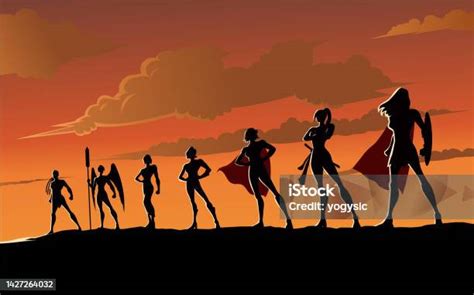 벡터 모든 여성 슈퍼 히어로 실루엣 행 스톡 일러스트 레이 션 구름에 대한 스톡 벡터 아트 및 기타 이미지 구름 근육질 체격 다민족 그룹 Istock