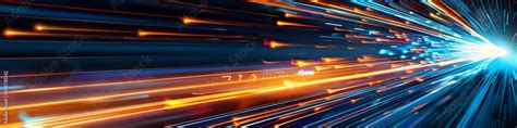 Abstract Background Of Blue And Orange Light Rays With A Digital Data Stream In The Center The