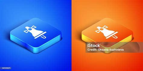 파란색과 주황색 배경에 격리 된 등색 메리 크리스마스 벨 아이콘 알람 기호 서비스 벨 핸드벨 기호 알림 정사각형 버튼입니다 벡터