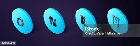 세트 아이소 메트릭 접이식 의자 낚시 부츠 수영 고무 오리발 및 구명 부표 아이콘 벡터 3차원 형태에 대한 스톡 벡터 아트 및