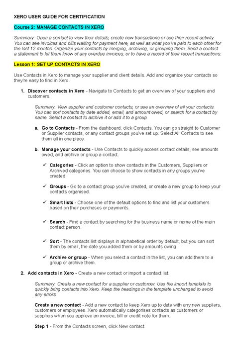 Xero User Guide Course 2 Manage Contacts In Xero Xero User Guide For Certification Course 2