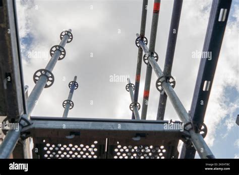 Metal Scaffolding And Wood Building Construction Building Site Stock