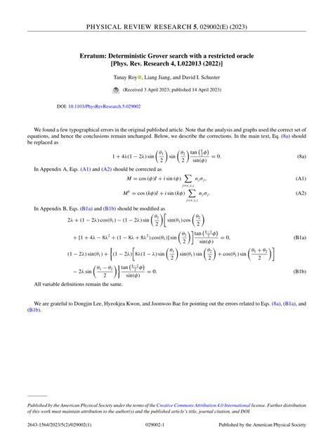 Pdf Erratum Deterministic Grover Search With A Restricted Oracle