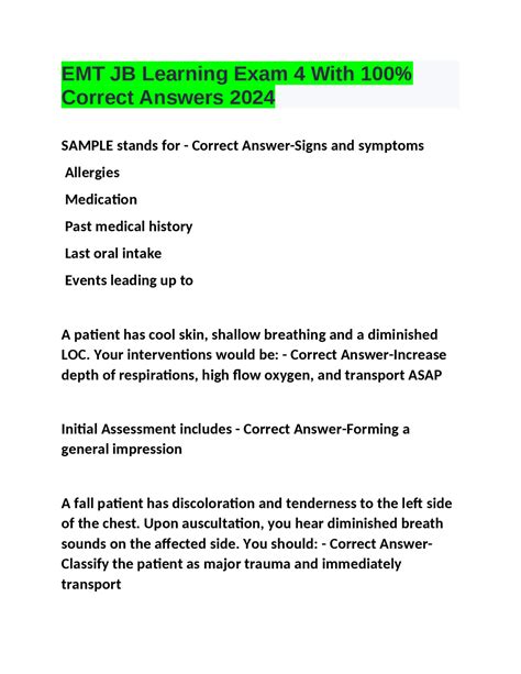 EMT JB Learning Exam With Correct Answers Exams Medicine Docsity