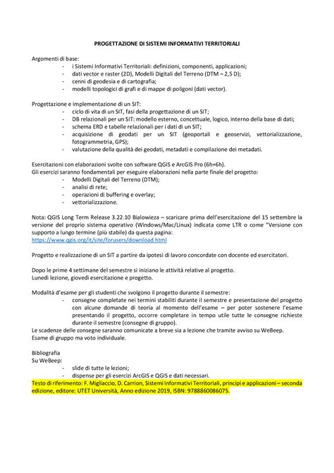 Progettazione Di Sistemi Informativi Territoriali Dispense Di Sistemi Informativi Docsity