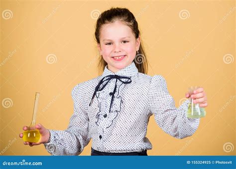 Science Research In Lab Small School Girl Small Smart Girl With Testing Flask Education And