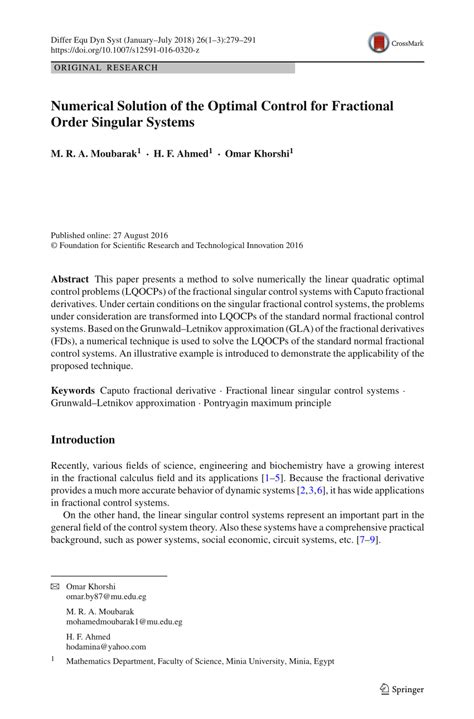 Pdf Numerical Solution Of The Optimal Control For Fractional Order Singular Systems