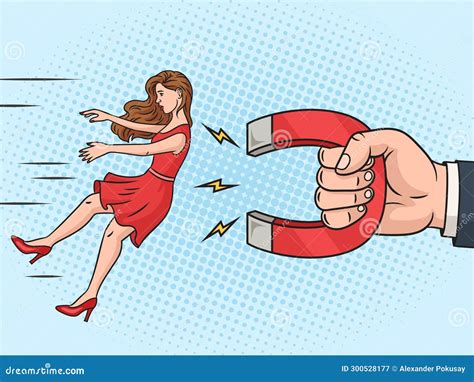Man Attracts Woman Magnet Hand Drawn Illustration Stock Illustration