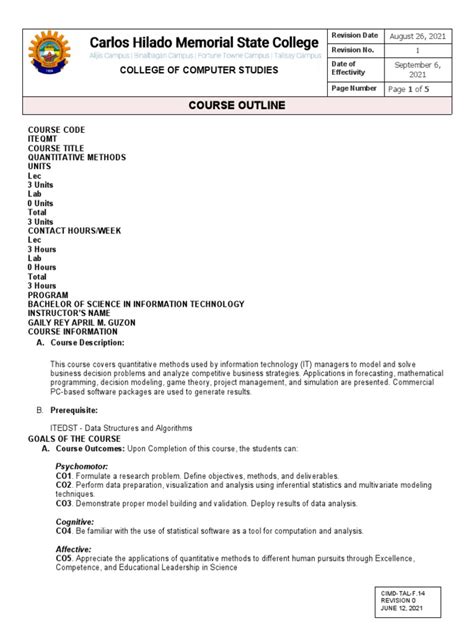 Quantitative Methods Iteqmt Course Outline Pdf