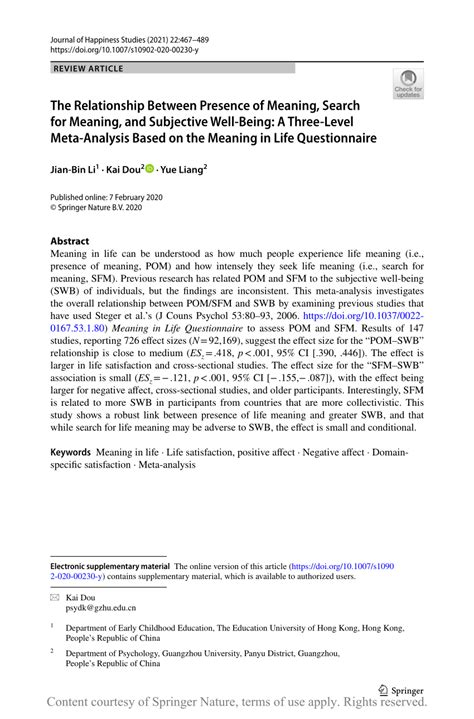 The Relationship Between Presence Of Meaning Search For Meaning And