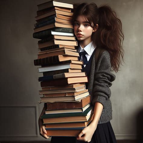 Young Girl Carrying Impressive Stack Of Books Hermione Granger Ai