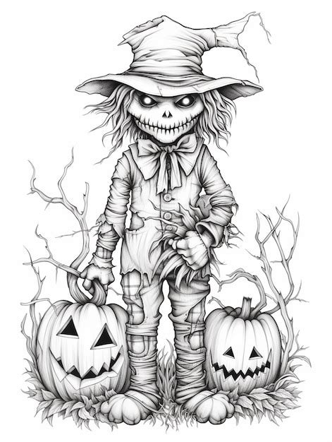 Premium Photo A Drawing Of A Scare With Two Pumpkins And A Hat Generative Ai