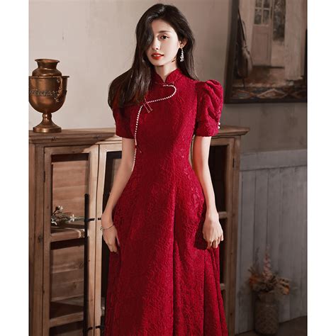 旗袍敬酒服新娘日常高级感订婚中式礼服裙女出阁蕾丝2023新款显瘦 虎窝淘