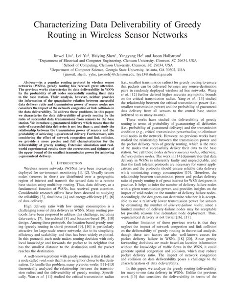 Pdf Characterizing Data Deliverability Of Greedy Routing In Wireless Sensor Networks