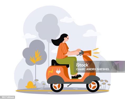 밖에 스쿠터를 타고 있는 여성 전기 모터를 이용한 친환경 운송 도시 거리에 대한 스톡 벡터 아트 및 기타 이미지 도시 거리