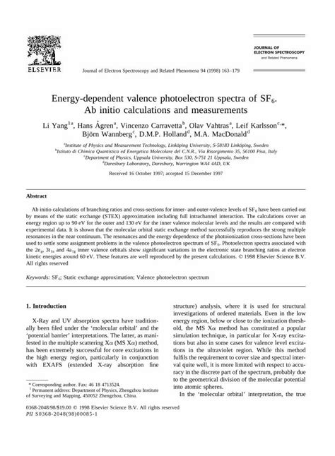 Pdf Energy Dependent Valence Photoelectron Spectra Of Sf6 Ab Initio Calculations And