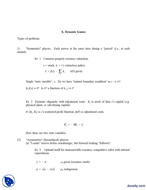 Dynamic Games Methods Of Dynamic Analysis And Control Lecture Notes Docsity