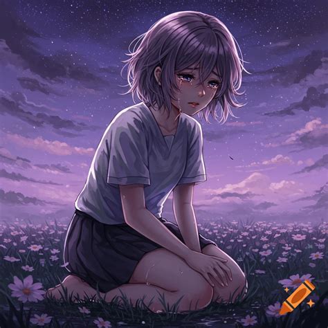 Anime Girl With Short Purple Hair Crying Kneeling In A Field Of
