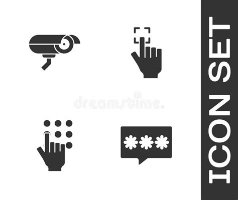 Set Password Protection Security Camera And Fingerprint Icon Vector