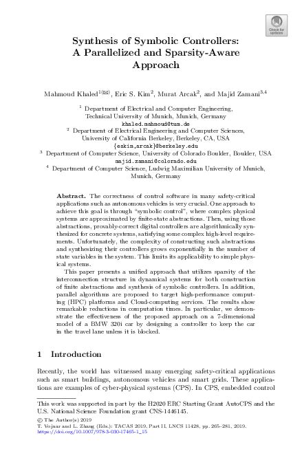 Pdf Synthesis Of Symbolic Controllers A Parallelized And Sparsity Aware Approach Mahmoud