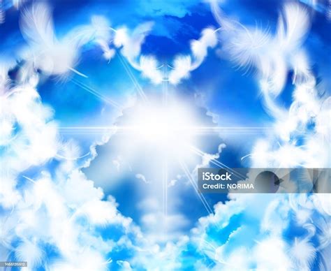 행운의 푸른 하늘 풍경은 사랑의 성취와 행운의 미래를 예언하는 흰 구름과 천사 날개가있는 하트 마크의 그림입니다 하트 모양에 대한 스톡 벡터 아트 및 기타 이미지 Istock