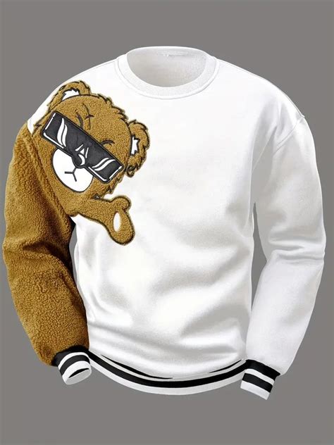 Bear Embroidery Sweatshirt Bear Design Crew Neck Tops For Streetwear