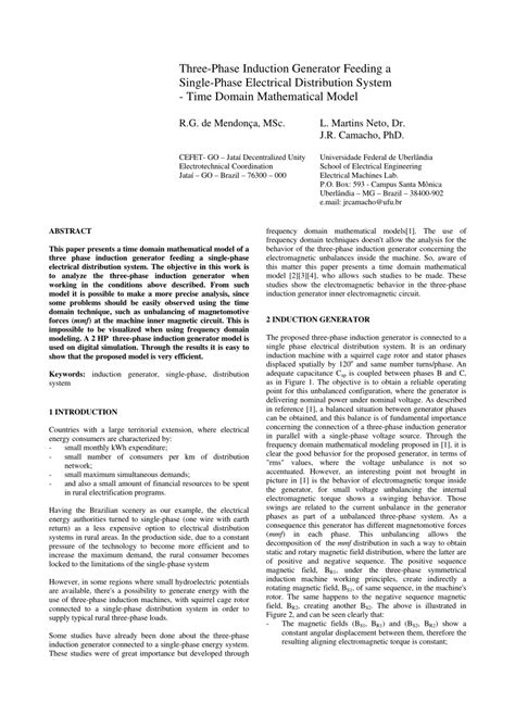 Pdf Three Phase Induction Generator Feeding A Single Phase Electrical Distribution System Time