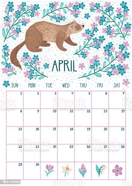귀여운 흰 족제비와 벡터 월별 달력입니다 4 월 2018입니다 디자인 계획 만화 캐릭터를 미소와 함께 캘린더 페이지입니다 0명에 대한 스톡 벡터 아트 및 기타 이미지