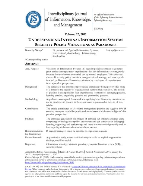 Pdf Understanding Internal Information Systems Security Policy Violations As Paradoxes