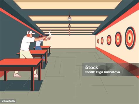 사격 훈련 사격장에서 사람들은 총기로 둥근 목표물을 겨냥하고 실내에서 총을 가진 방음 헤드폰을 쓴 사람들 전문 스포츠 만화 평면 고립 된 벡터 개념 개념에 대한 스톡 벡터