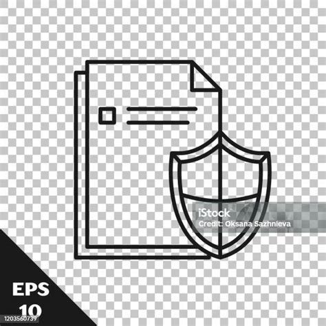 투명 한 배경에 격리 된 검은 선 문서 보호 개념 아이콘입니다 기밀 정보 및 개인 정보 보호 아이디어 보안 보호 방패 벡터 일러스트레이션 0명에 대한 스톡 벡터 아트 및