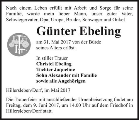 Traueranzeigen Von Günter Ebeling Abschied Nehmen De