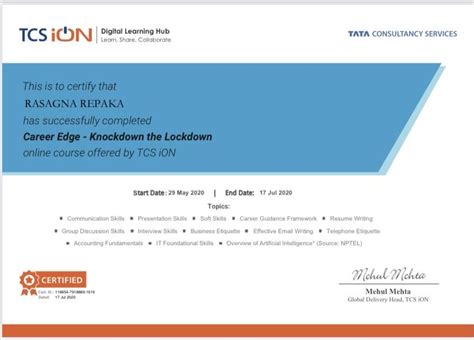 Rasagna Repaka On Linkedin Successfully Completed Career Edge Course By Tcs Ion