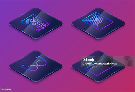 그래프 차트 안경 오답 설문 조사 및 서류 가방이있는 시험지가있는 아이소 메트릭 라인 보드를 설정합니다 파란색 사각형 버튼 벡터 3차원 형태에 대한 스톡 벡터 아트 및 기타