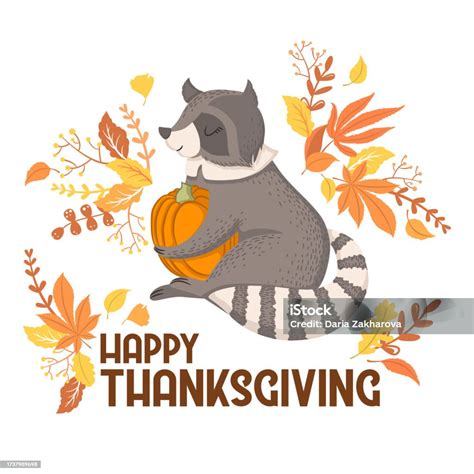 귀여운 너구리 캐릭터 글자 단풍이 흰색 배경에 분리되어 있는 벡터 그림 추수 감사절 인사말 카드 초대장 템플릿 포스터에 대한 그림 너구리 너구리과에 대한 스톡 벡터 아트 및