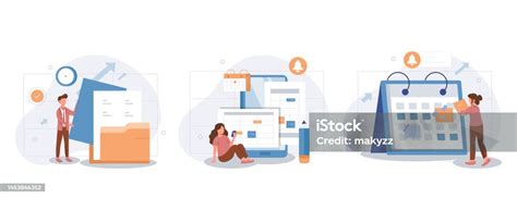 일정 관리 일러스트 세트입니다 비즈니스 및 조직 개념입니다 캐릭터는 작업 작업을 계획 및 조직하고 일정 약속을 만들고 할 일 목록을 만듭니다 벡터 그림입니다 달력에 대한