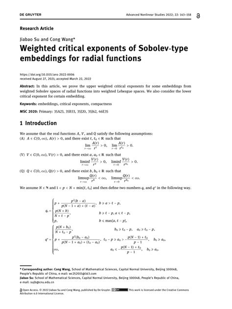 Pdf Weighted Critical Exponents Of Sobolev Type Embeddings For Radial